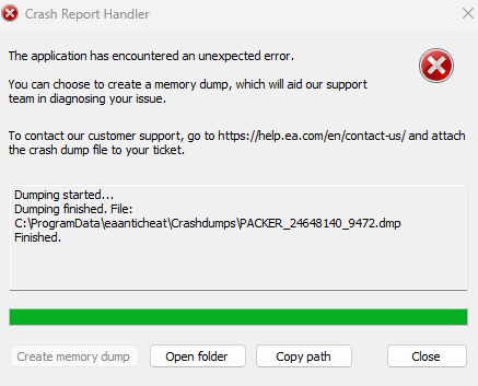 Re: FIX THIS ERROR ASAP! "eaanticheat\Crashdumps\PACKER_1658515_20932 ...