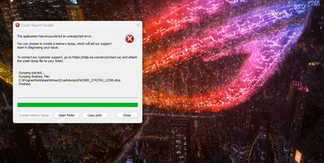crash report handler | EA Forums - 7905571