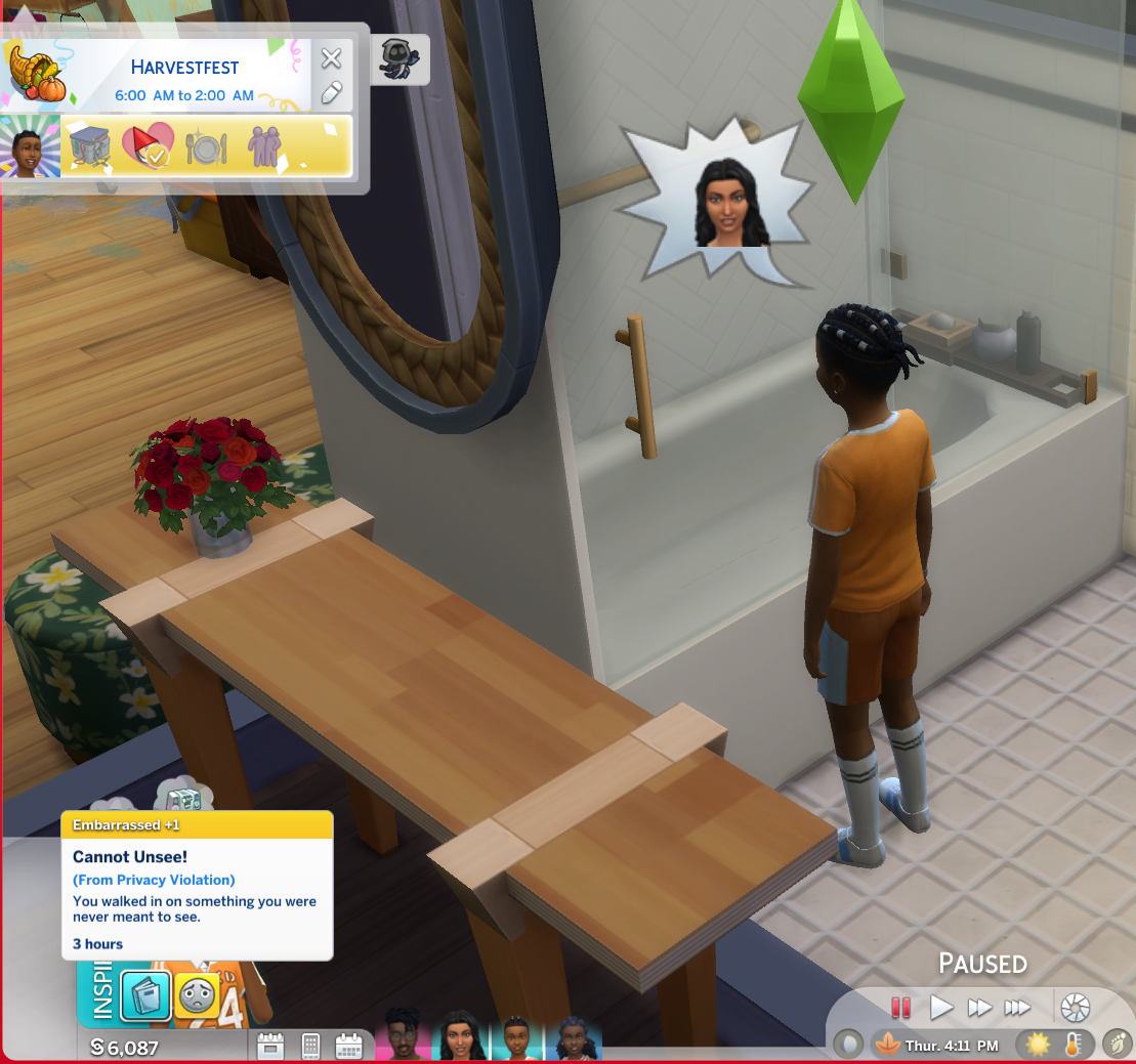 Sim getting embarrassed moodlet from walking in on no one in shower? | EA Forums - 5001196