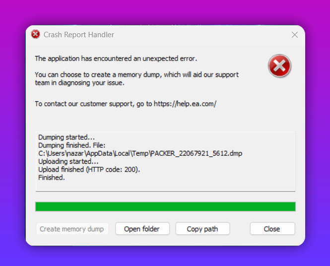 Crash Report Handler | EA Forums - 11963280