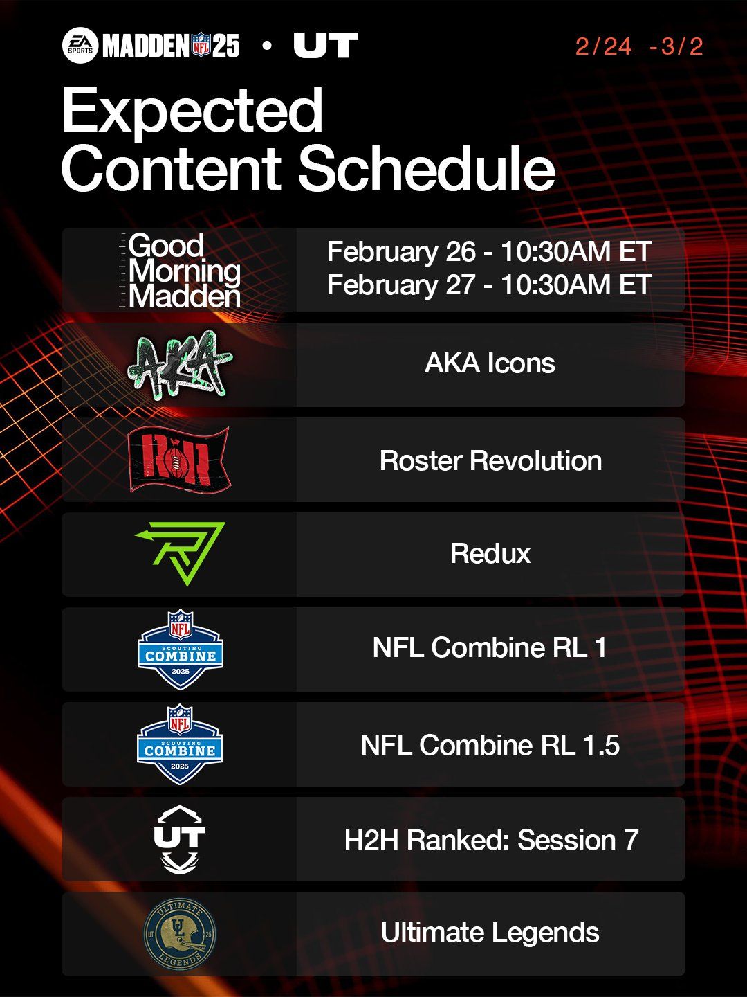 Madden Ultimate Team Expected Content Schedule | EA Forums - 11925711